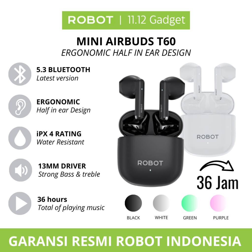 Jual ROBOT Wireless Earphone Airbuds Original TWS Bluetooth Garansi 1 Tahun T60 | Shopee Indonesia
