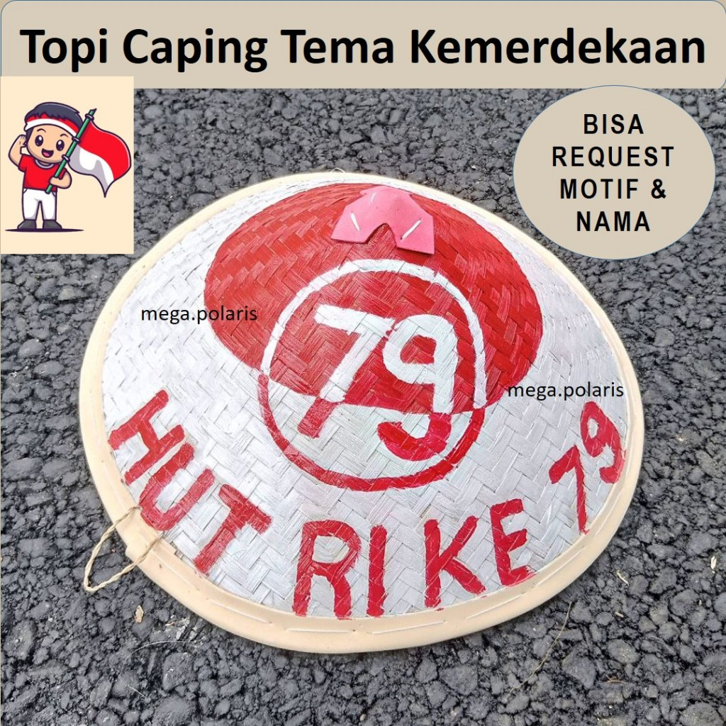 Jual [ CUSTOM NAMA } Caping Bambu HUT RI Topi Tani Lukis Merah Putih ...