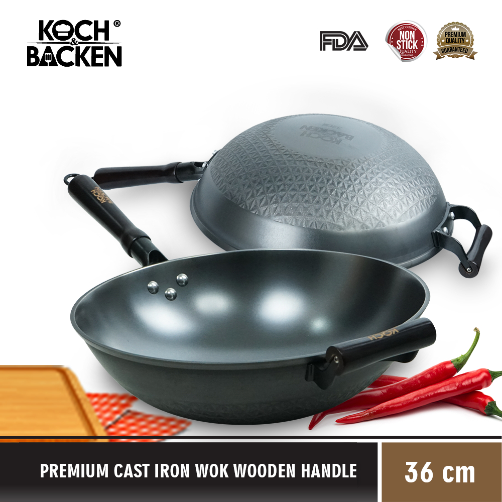 Jual KOCH&BACKEN Premium Cast Iron Wok Round Bottom 36cm + Tutup Kaca ...