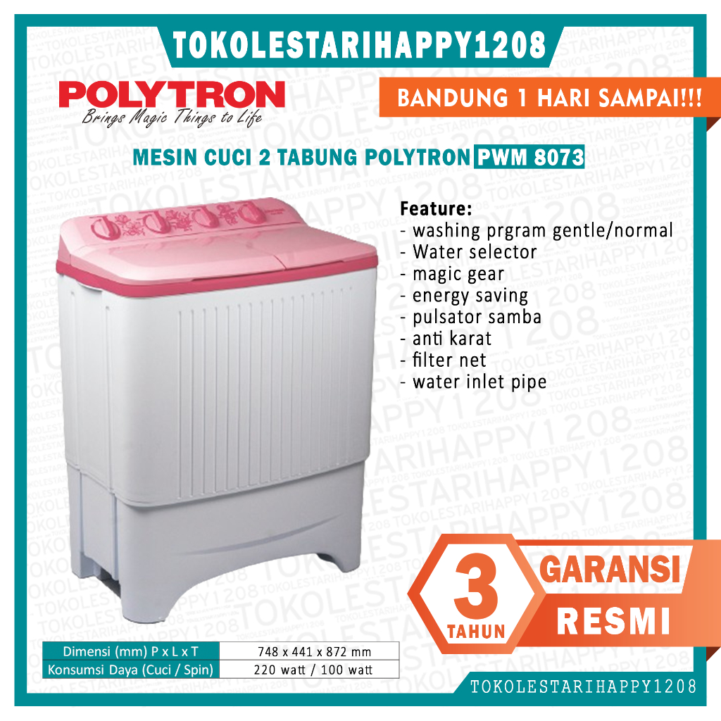 Jual Mesin cuci 2 tabung Polytron PWM 8073 Bandung Kurir Toko 1 Hari ...