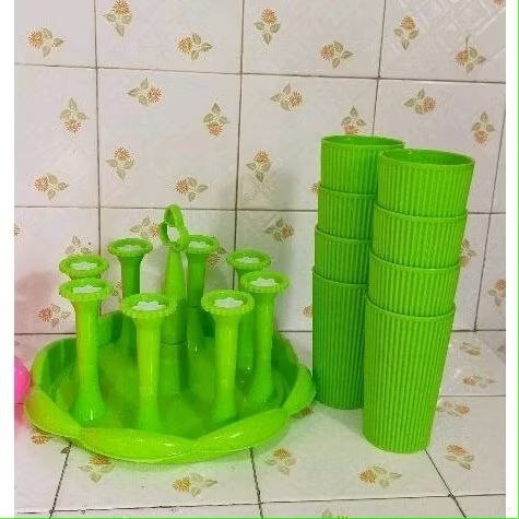 Jual Set Gelas Olivia / Glass stand + Gelas Kaki 8 NP Rak Gelas Tatakan Gelas Bulat / Gelas ...