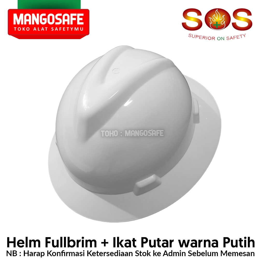 Jual Helm Safety Proyek Full Brim Putih merek SOS + ikat Kepala Putar ...