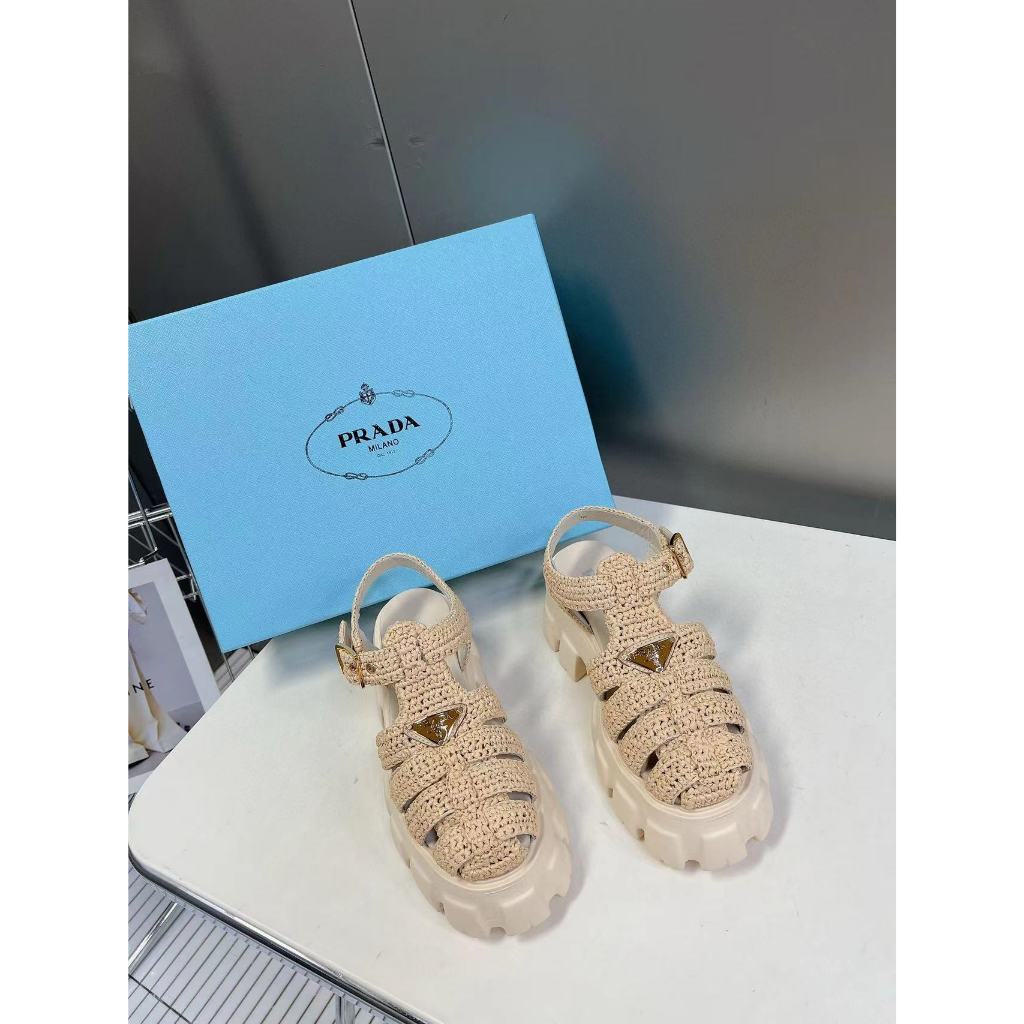 Jual Original 2024 New Prada Raffia Straw Roman Sandals Heighten 5.5cm ...