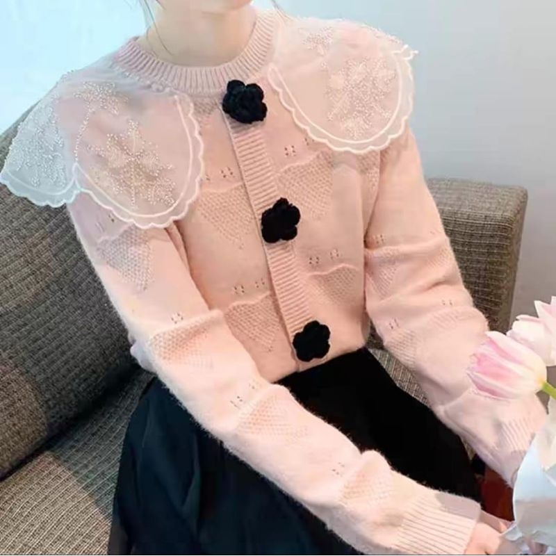 Jual K2472 BAJU ATASAN BLOUSE DELLANEY LACE COLLAR KNITTED TOP CREAM PINK KOREA KOREAN STYLE ...
