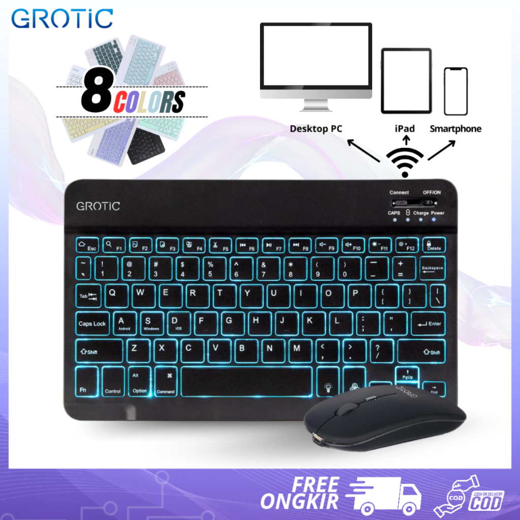 Jual GROTIC Keyboard Mouse Wireless Bluetooth LED Backlight 10 inch ...
