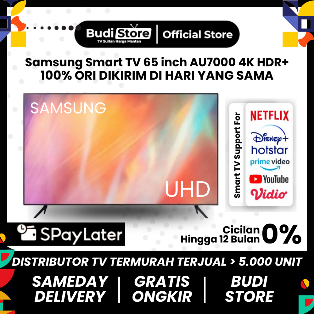Jual SAMSUNG Smart TV 65 inch 4K UHD LED TV 65AU7000 Crystal Processor 4K Pur Color - Budi Store ...