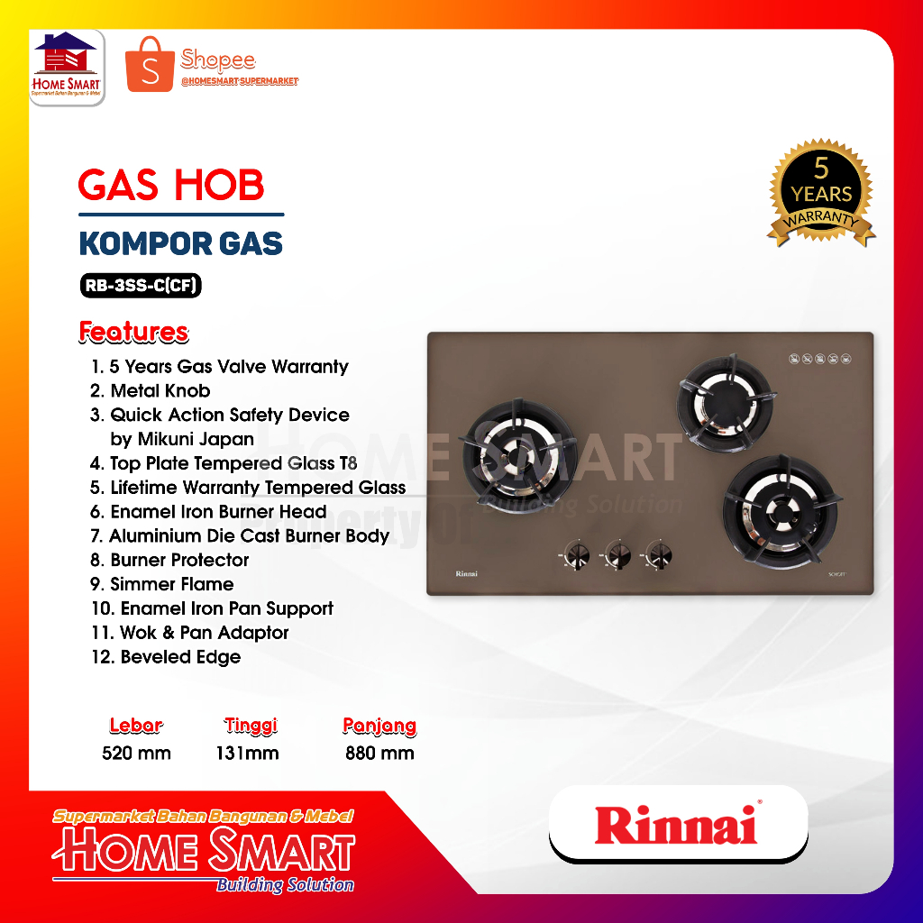 Jual Built-in Gas Hob Kompor Gas Tanam 3 Tungku Rinnai RB-3SS-C (CF) | Shopee Indonesia