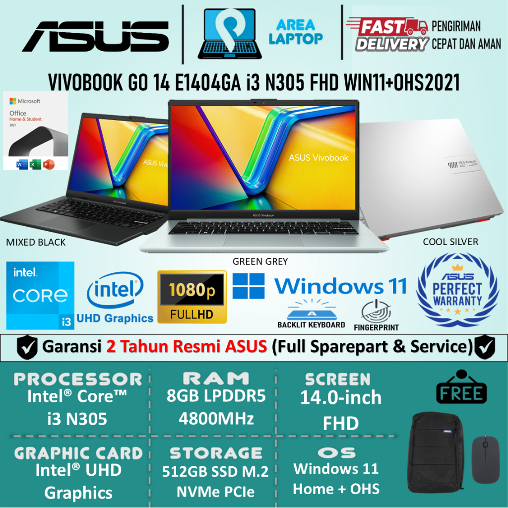 Jual Laptop Asus Vivobook GO 14 E1404GA Intel i3 N305 8GB 512GB SSD FHD Backlite FP Win11+OHS ...