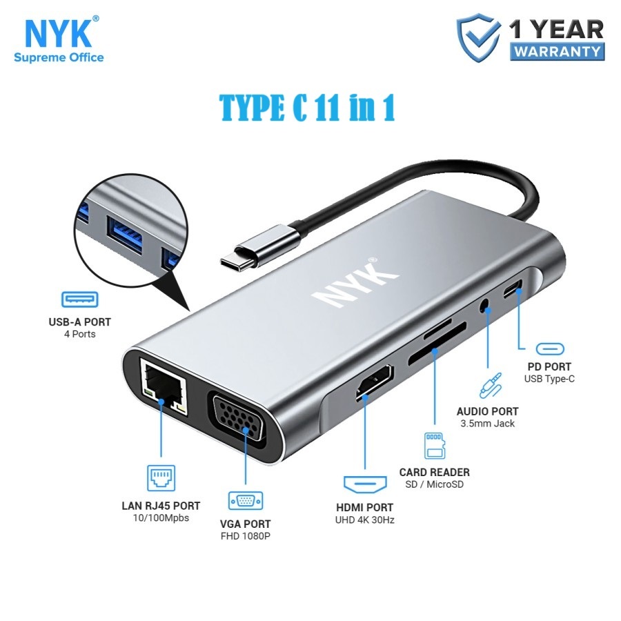 Jual 11 in 1 USB HUB NYK Type C Port 3.1 to HDMI VGA LAN Card reader 4x ...