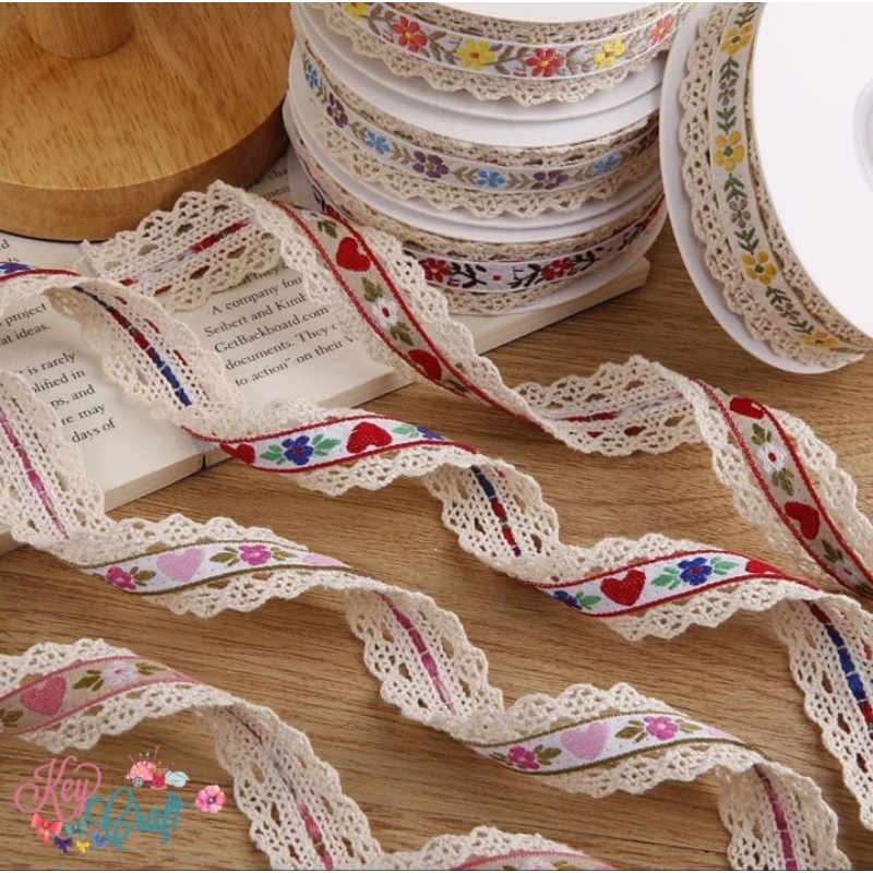 Jual Pita Lace Embroidered motif Floral Heart size 2,5cm (1yard ...