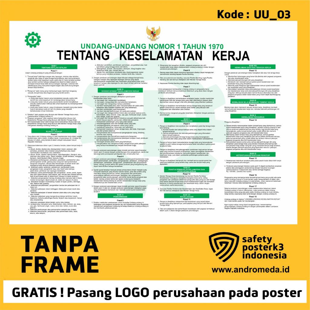 Jual Safety Poster K3: Undang-Undang No 1 Tahun 1970 Tentang ...