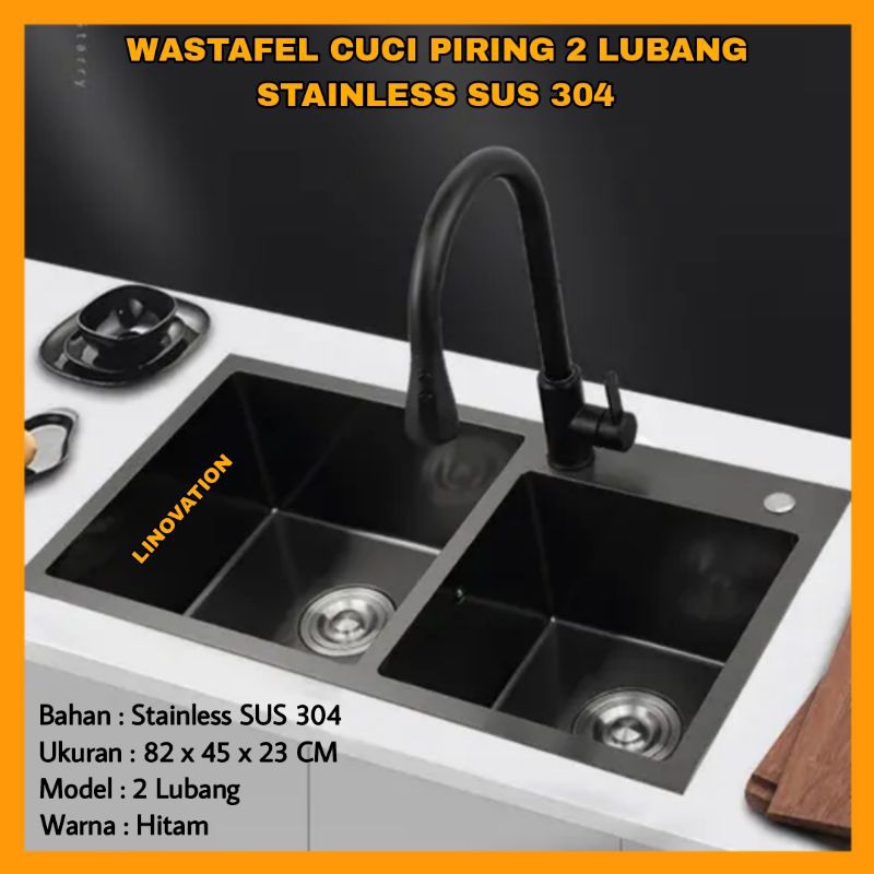 Jual Kitchen Sink Wastafel Bak Cuci Piring 2 Lubang Hitam 8245-BK ...