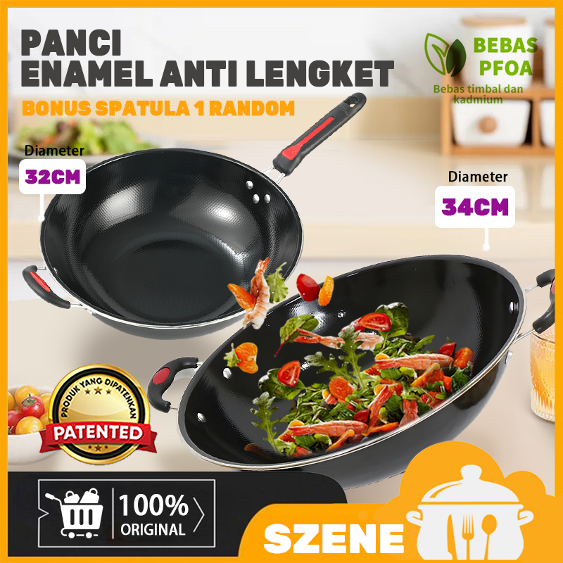 Jual Wajan Enamel Panci 34CM Hitam Kuping Gagang Panjang Wajan Anti ...
