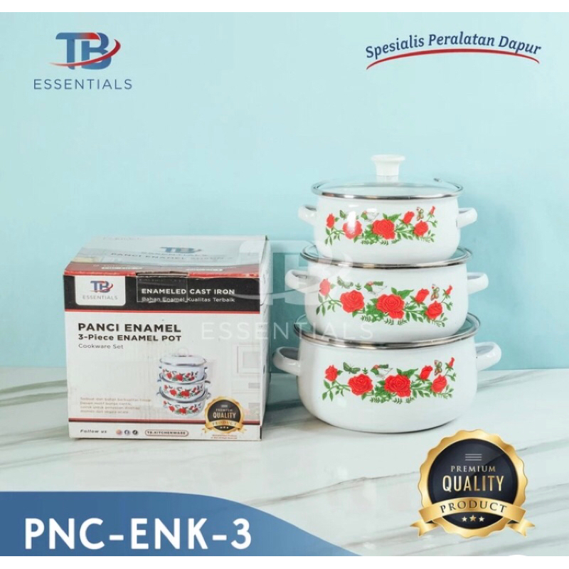 Jual PANCI ENAMEL 3 PIECE COOKWARE TB ESSENTIALS panci motif bung isi 3 ...