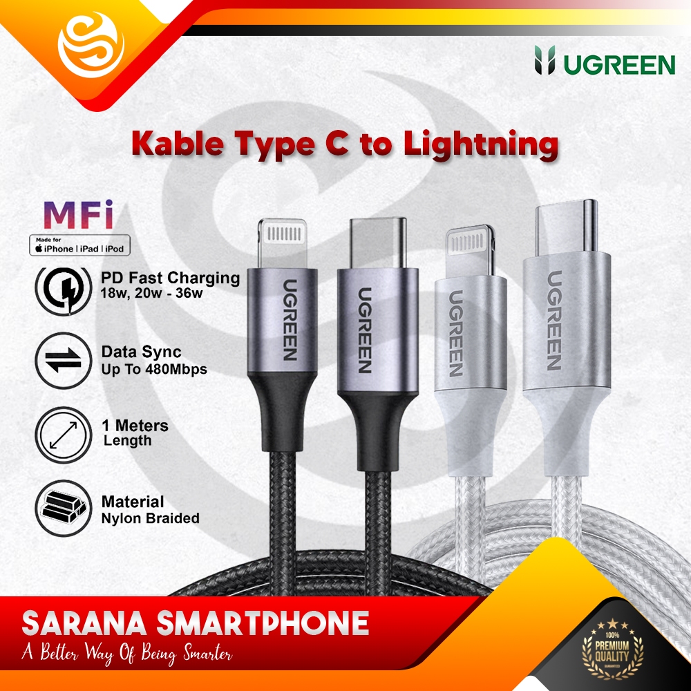 Jual [Garansi 1 Tahun] UGREEN Cable C to Lightning Nylon 1M/2M Silver 70523/70525 Black 60759/ ...
