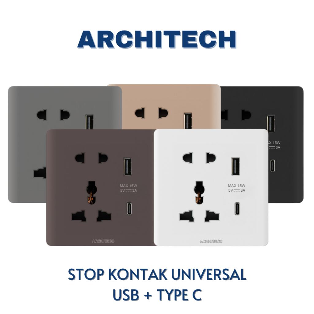 Jual [LIGHT CO INDONESIA] STOP KONTAK UNIVERSAL USB + TYPE C ARCHITECH ELEGANTE WHITE BLACK GREY ...