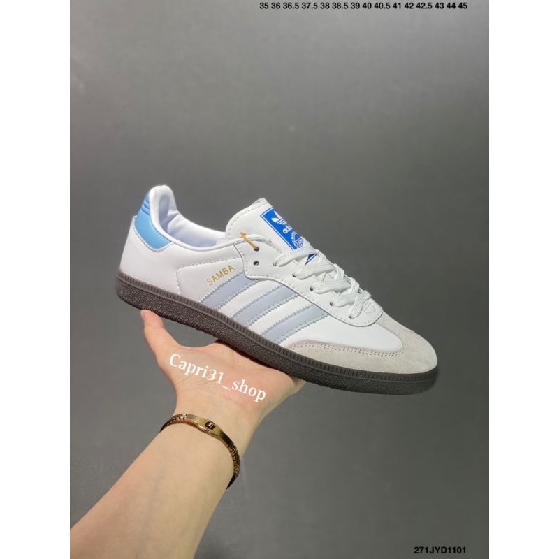 Jual Sepatu Adidas Samba OG White Clear Sky Gum Free Kaos Kaki | Shopee ...