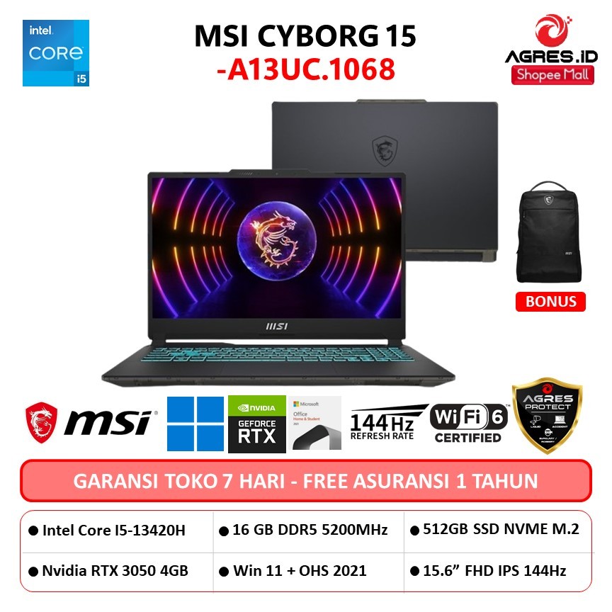 Jual MSI CYBORG 15 I5 13420H RTX3050 4GB/ 16GB 512GB W11+OHS 15.6FHD 144HZ BLIT 2YR BLK -A13UC ...