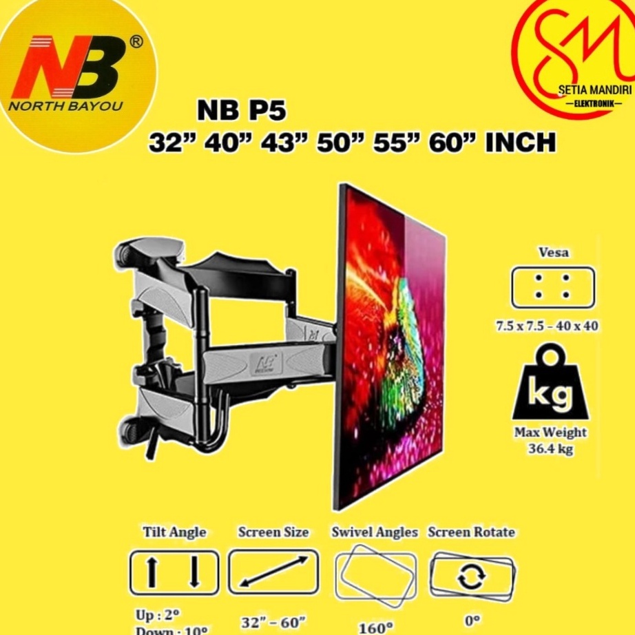 Jual Hemat Bracket tv led swivel tarik kanan kiri mutar 43 6 65 NB P5 ...