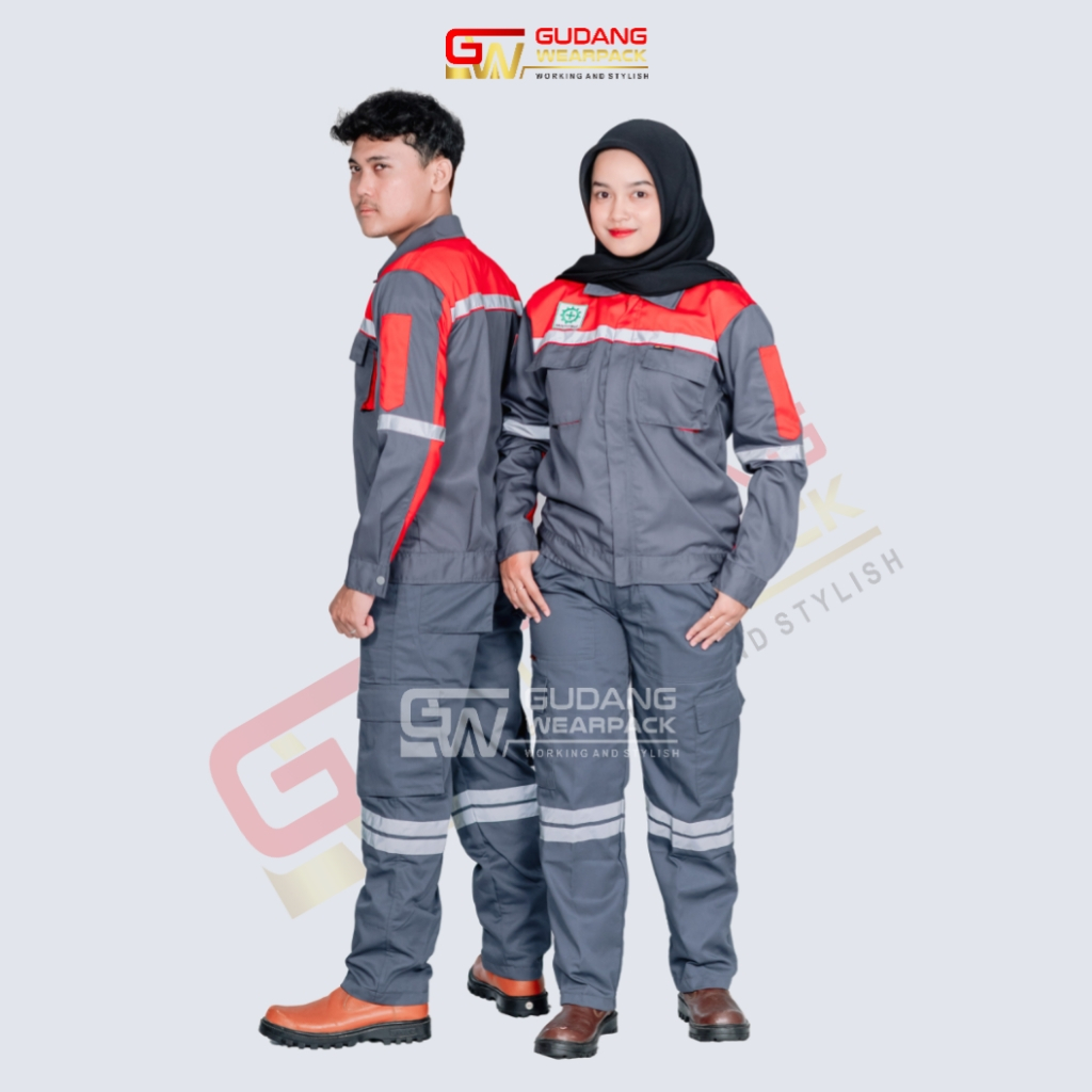 Jual Setelan Wearpack (Baju dan Celana kerja) Warna Abu Merah (1 set ...
