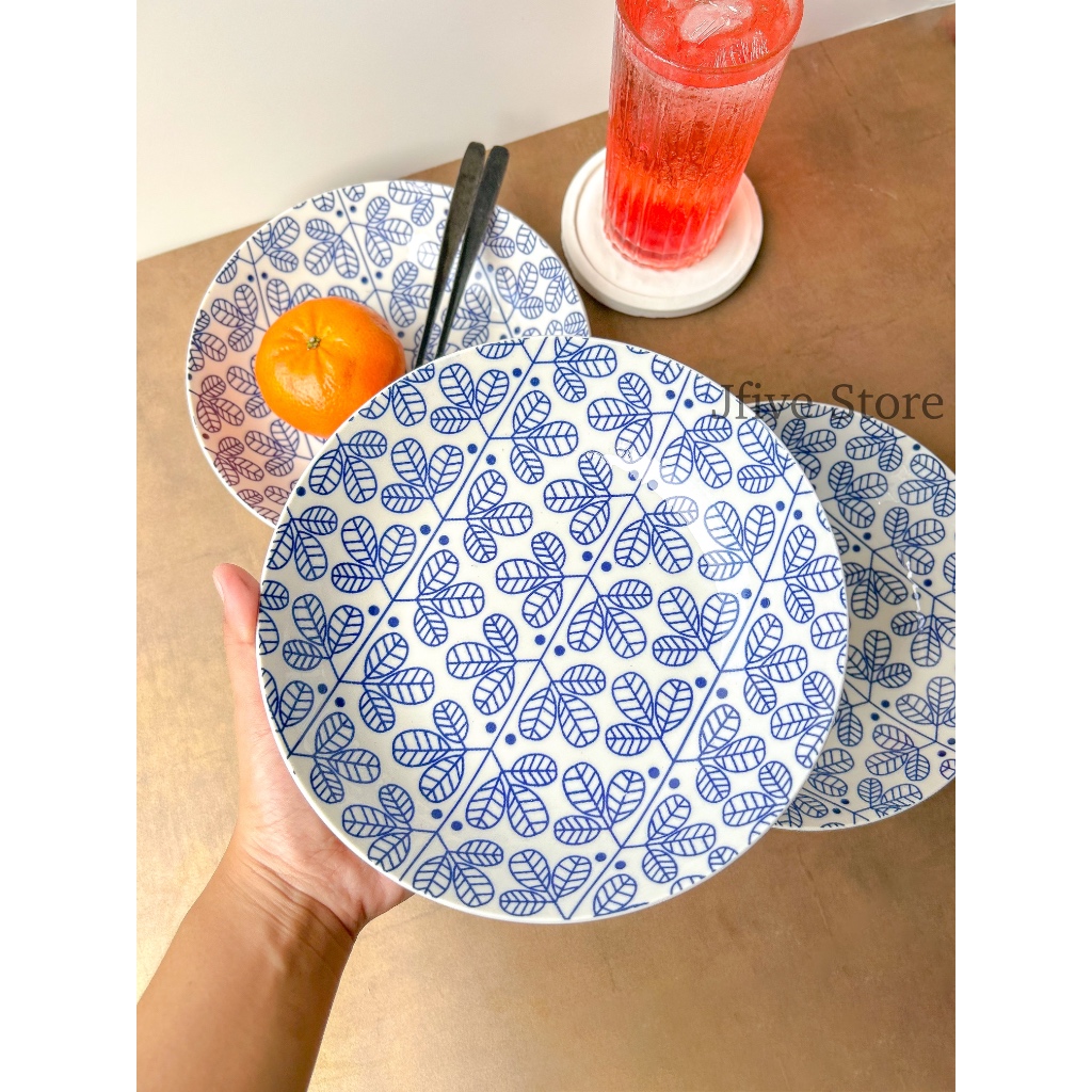 Jual Piring Makan Porcelain | Piring Mangkok Motif Daun Biru 8 inch ...