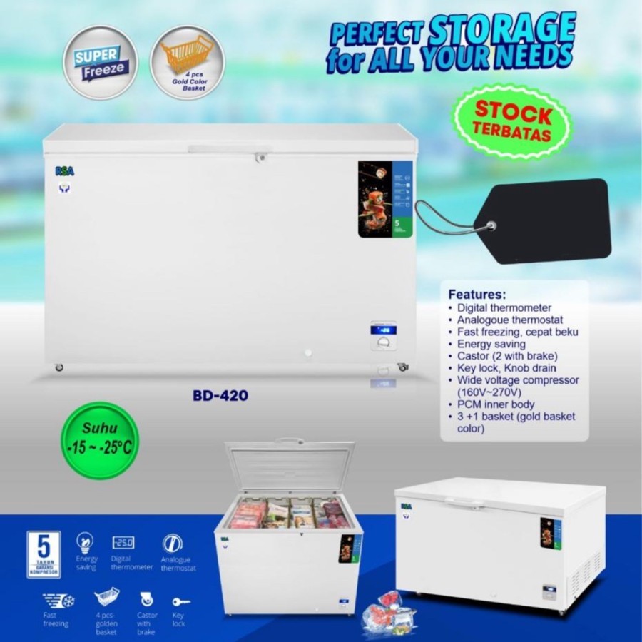 Jual RSA Chest Freezer Box 420 Liter BD-420 / BD 420 / BD420 | Shopee ...
