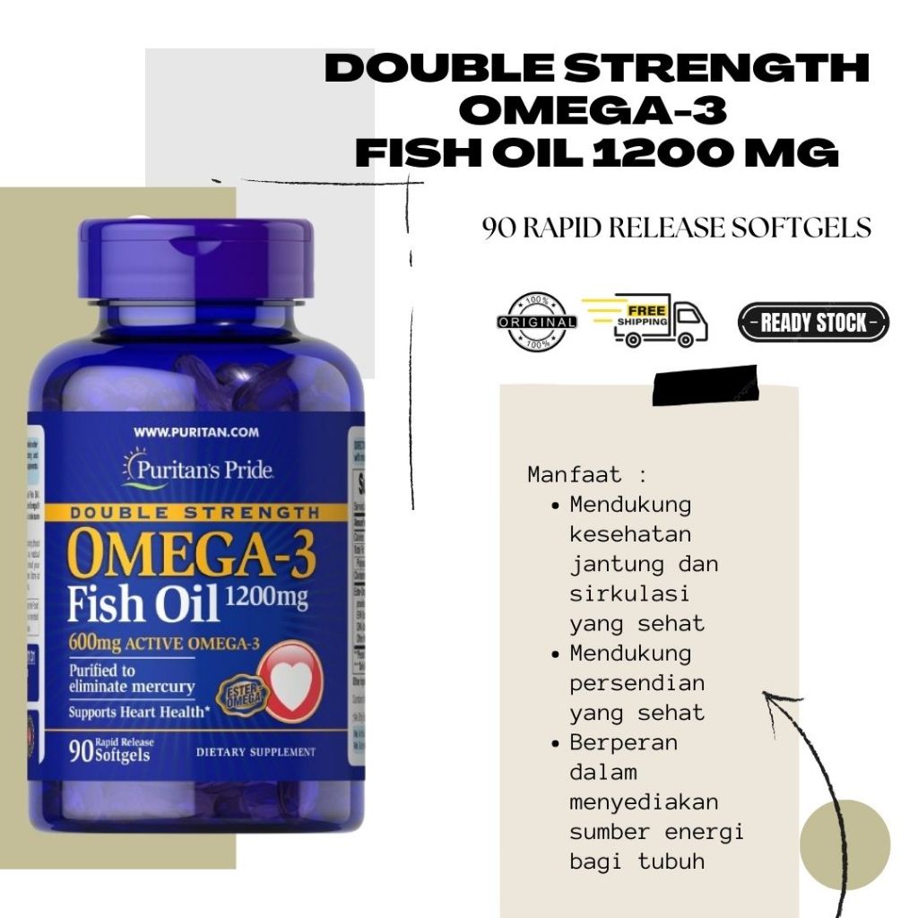 Jual Puritan's Pride Double Strength Omega-3 Fish Oil 1200 mg/600 mg Omega-3 90 Softgels untuk ...