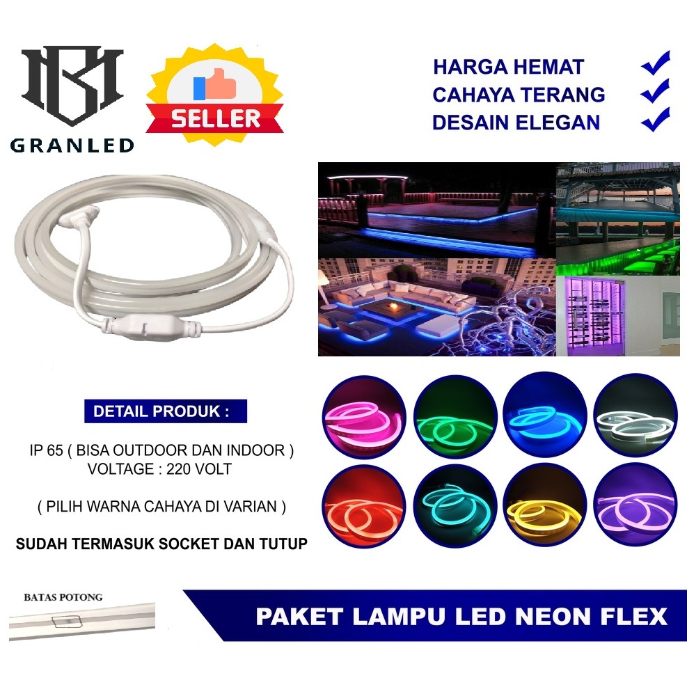 Jual Paket Lampu Neon Flex 220v 1m 2m 3m 4m 5m 5 meter + free soket ...