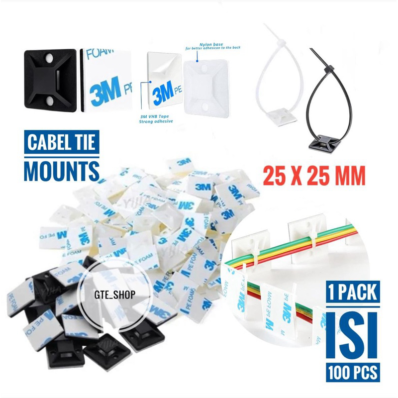 Jual Cabel Tie Mount 25x25 Tie Mount Klem Kabel Tempel Dinding 3M Klip ...