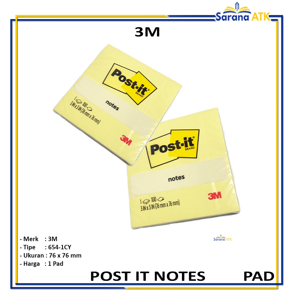 Jual 3M - Post It Sticky Notes 654-1CY 76mm x 76mm Yellow - Pad ...