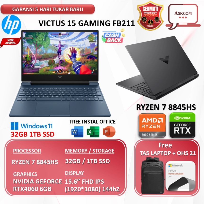 Jual HP Victus 15 RYZEN 7 8845HS RTX4060 8GB 32GB 1TB SSD 15.6FHD IPS ...