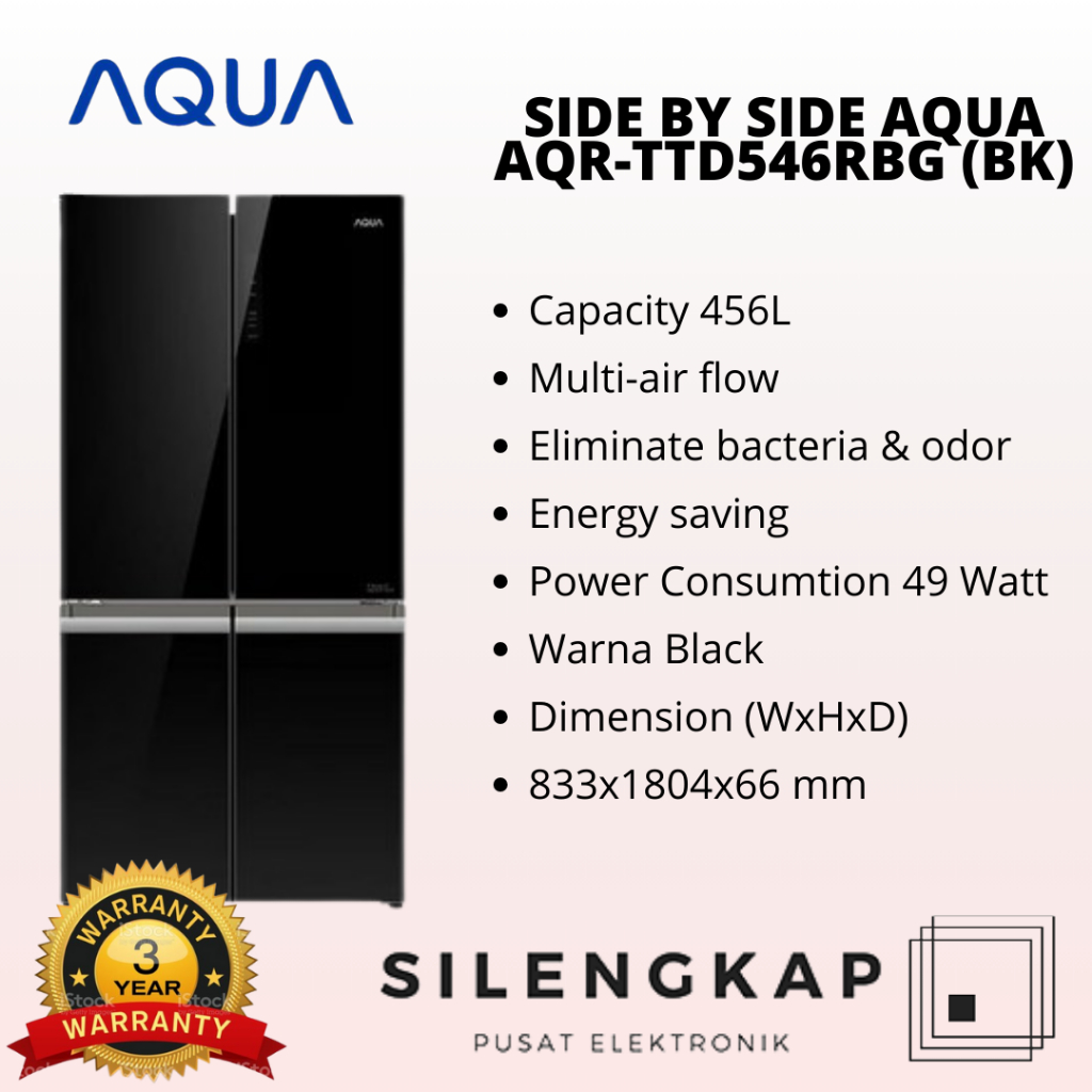 Jual AQUA KULKAS SIDE BY SIDE AQR-TTD546RBG(BK) AQR TTD 546 RBG 456 L ...
