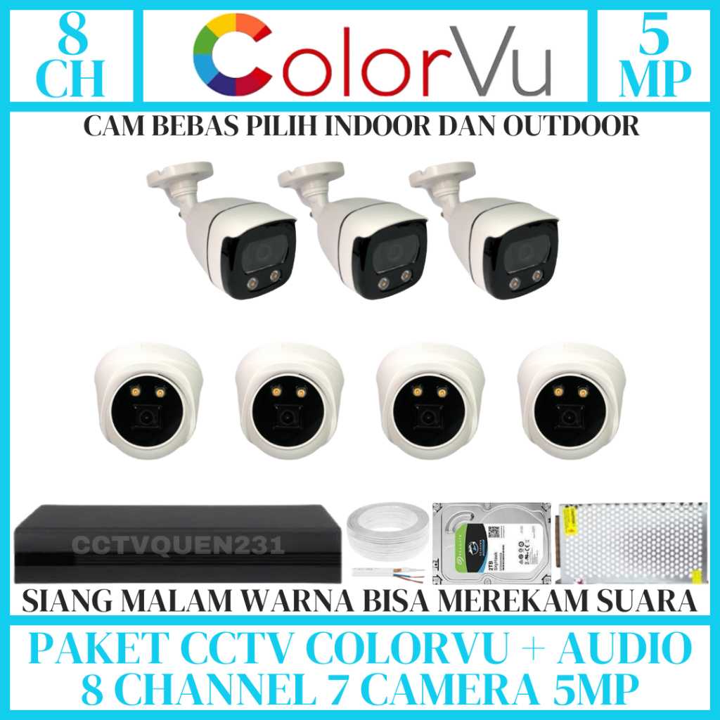 Jual PAKET CCTV COLORVU 5MP 8 CHANNEL 7 KAMERA FULL COLOR TURBO HD ...