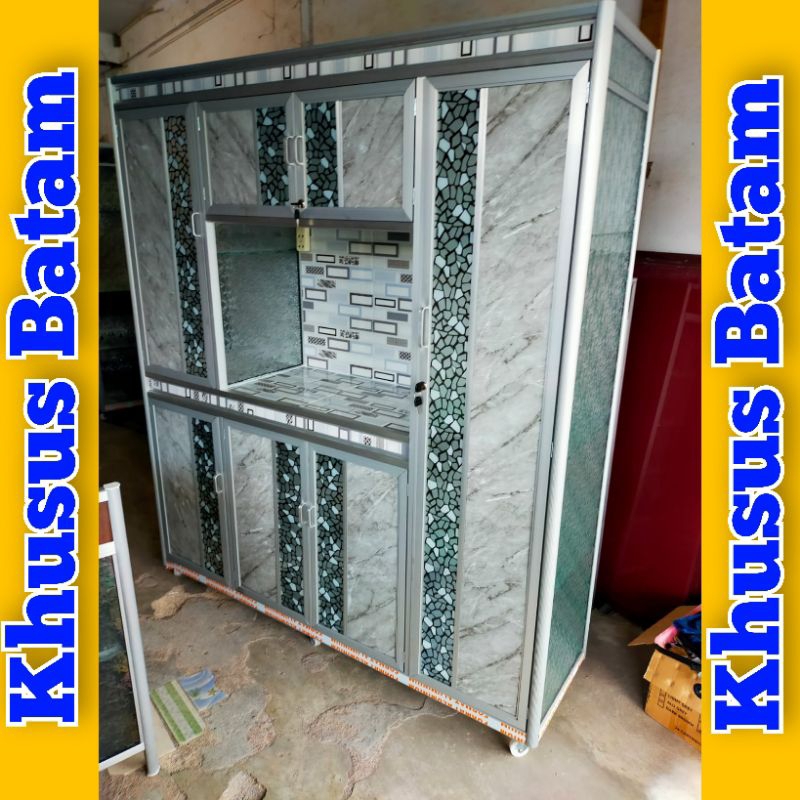 Jual Lemari Rak piring aluminium Roda 4pintu box tengah keramik motif ...