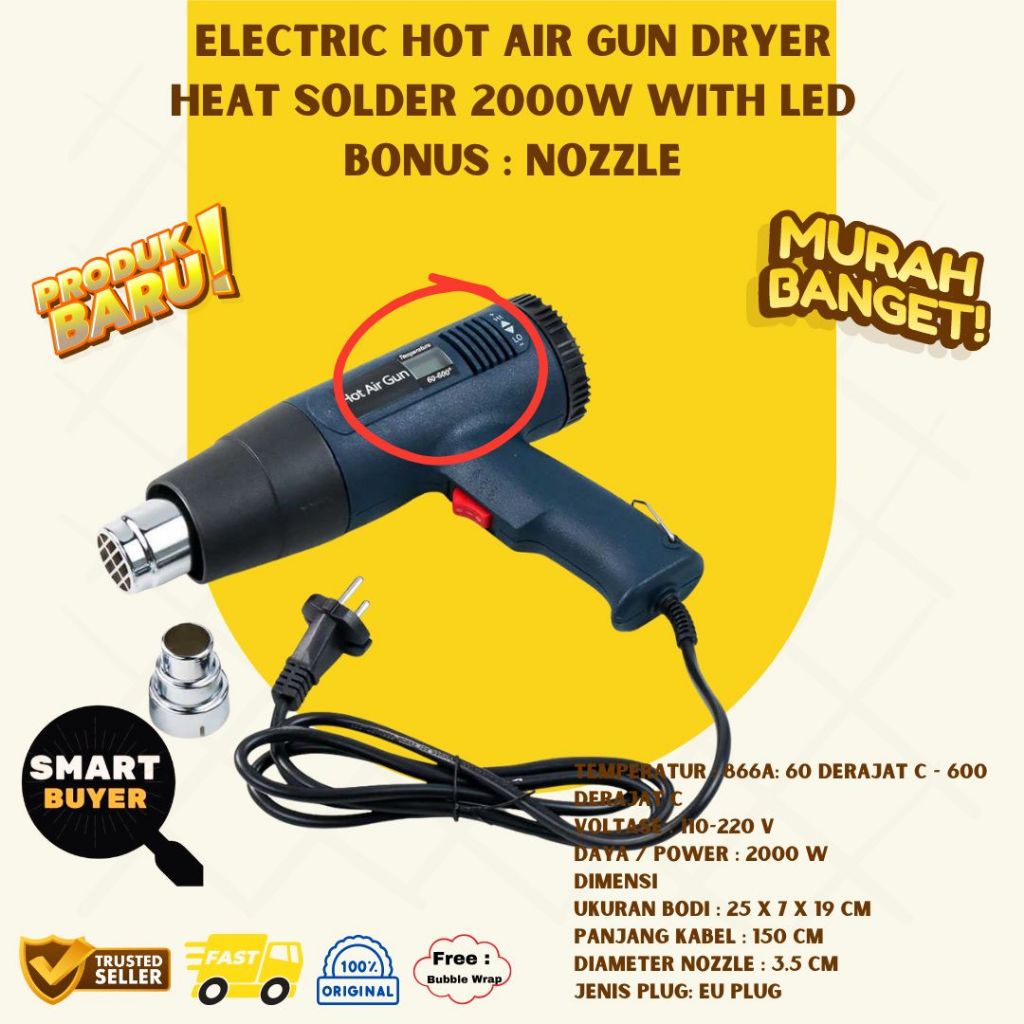Jual HS Electric Hot Air Gun Dryer Heat Solder Thermal 2000W QR-886 ...
