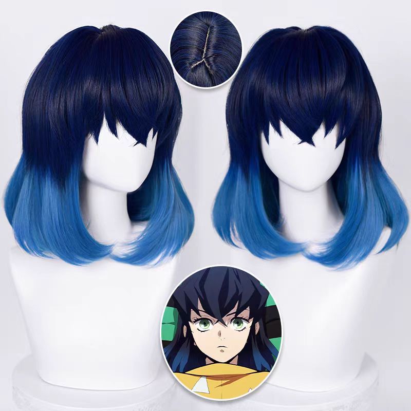 Jual Anime Demon Slayer Hashibira Inosuke Cosplay Wig 40cm Blue Mixed ...