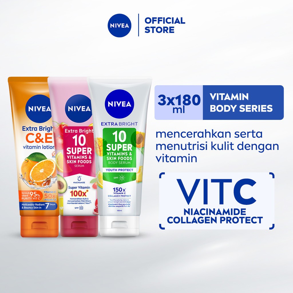 Jual NIVEA Body Serum Extra Bright Vitamin Series (Niacinamide + Collagen + C&E) 180ml x3 ...