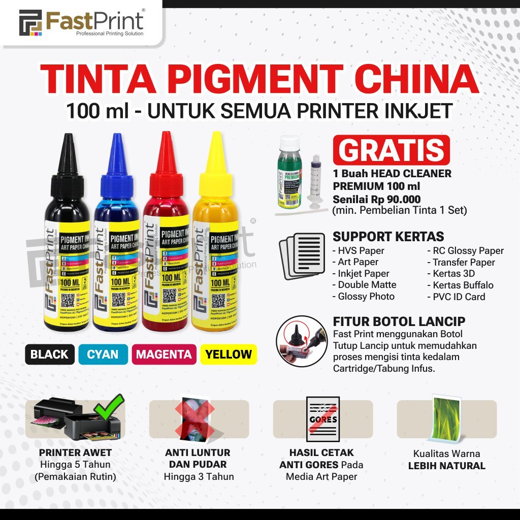 Jual Fast Print Tinta Pigment Art Paper China Epson 100ML 1 Set 4 Warna ...
