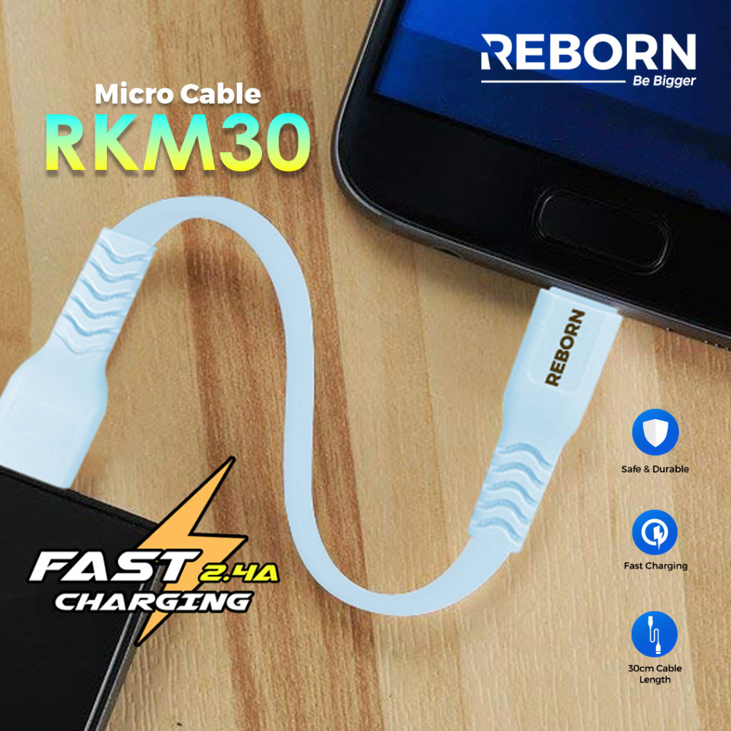Jual REBORN RKM30 DATA CABLE MICRO QUICK CHARGE 3A SATUAN LENGTH 30 CM ...