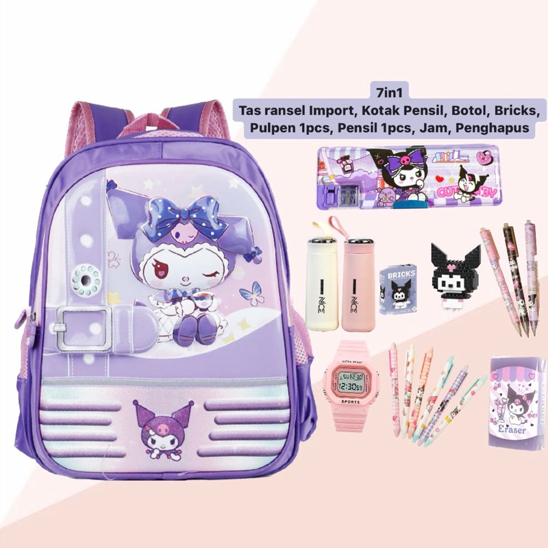 Jual Tas Sekolah Anak SD Karakter Sanrio Kuromi Import Satu Set Banyak Bonus Ransel Lucu ...