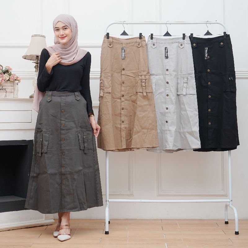 Jual Rok Cargo kain Combat Model Terbaru Variasi Kancing Sampe Bawah ...