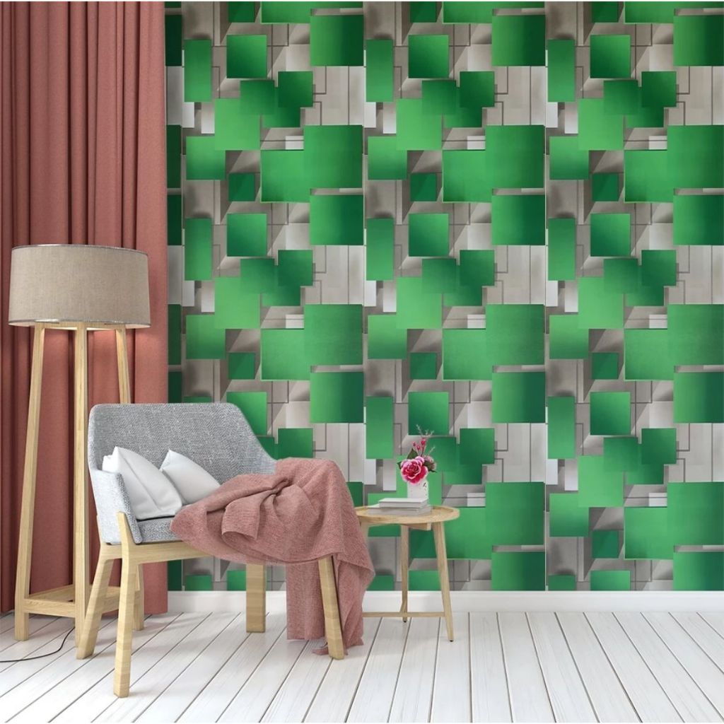 Jual Walpaper Dinding Kamar Tidur Wallpaper Dinding Ruang Tamu Minimalis Motif Kotak 3D Hijau ...