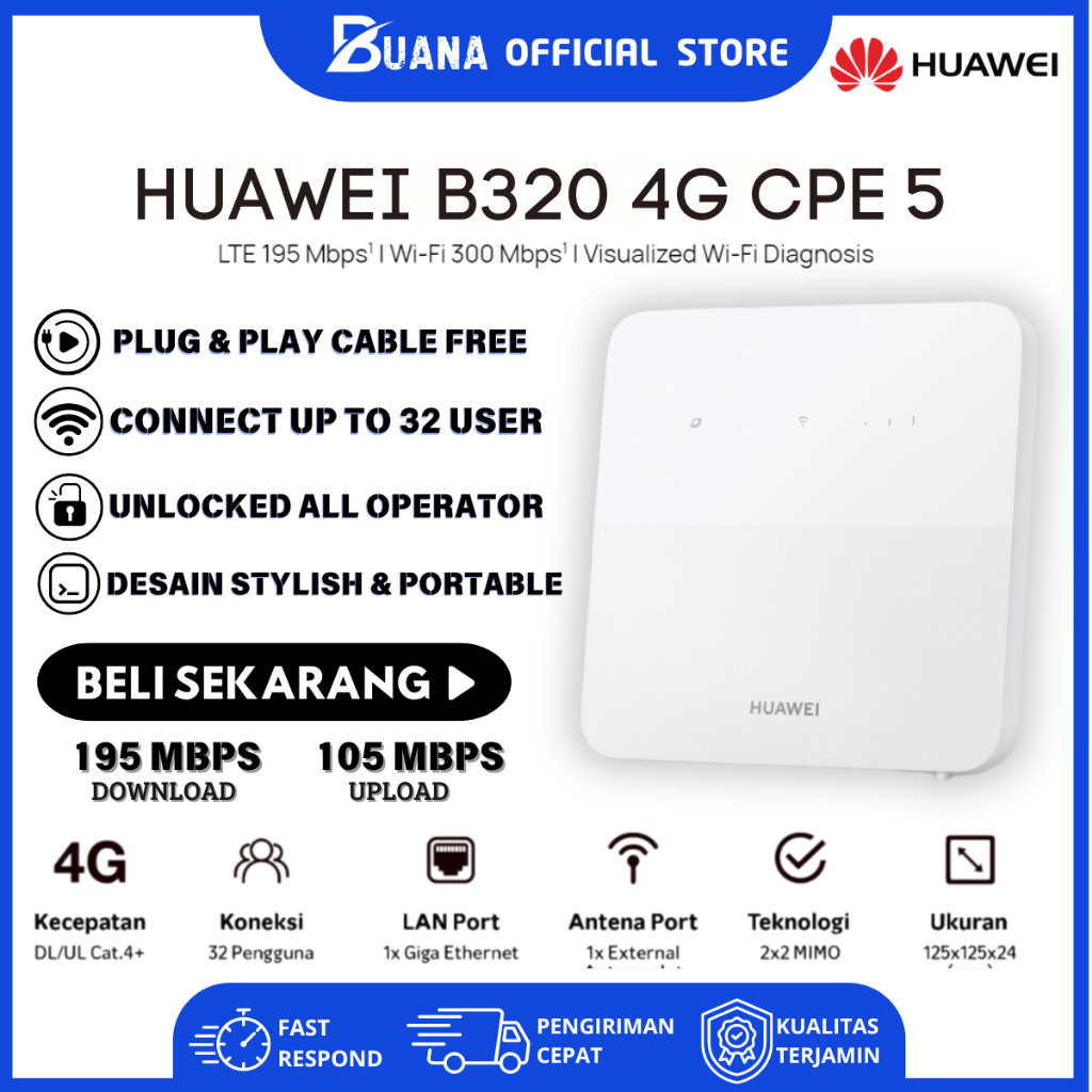 Jual Huawei B320 4G LTE CPE 5s Modem WiFi Router - 195Mbps LTE, 300Mbps Wi-Fi | Shopee Indonesia