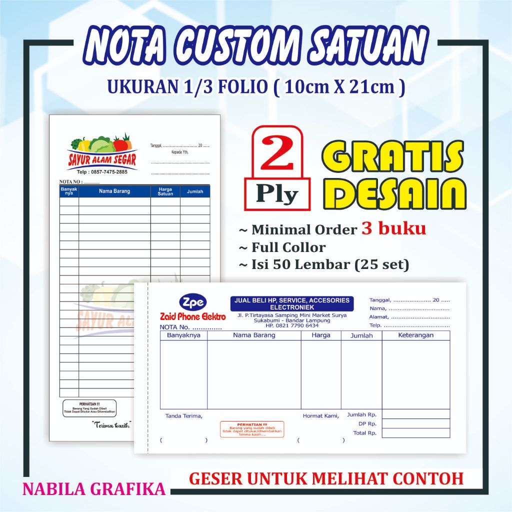 Jual CETAK NOTA CUSTOM 2 PLY UKURAN 1/3 FOLIO NOTA BON KONTAN PENJUALAN ...