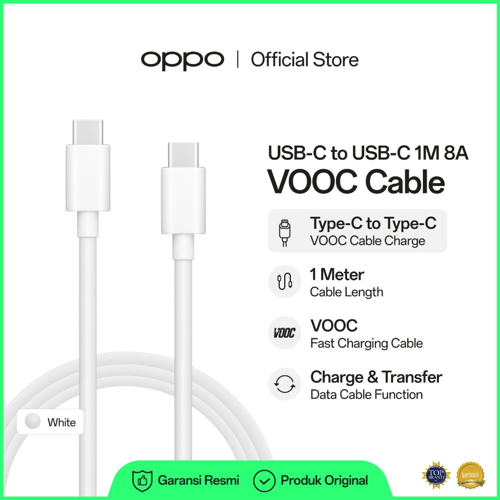 Jual OPPO VOOC Cable USB-C to USB-C 1M 8A White ID | Shopee Indonesia