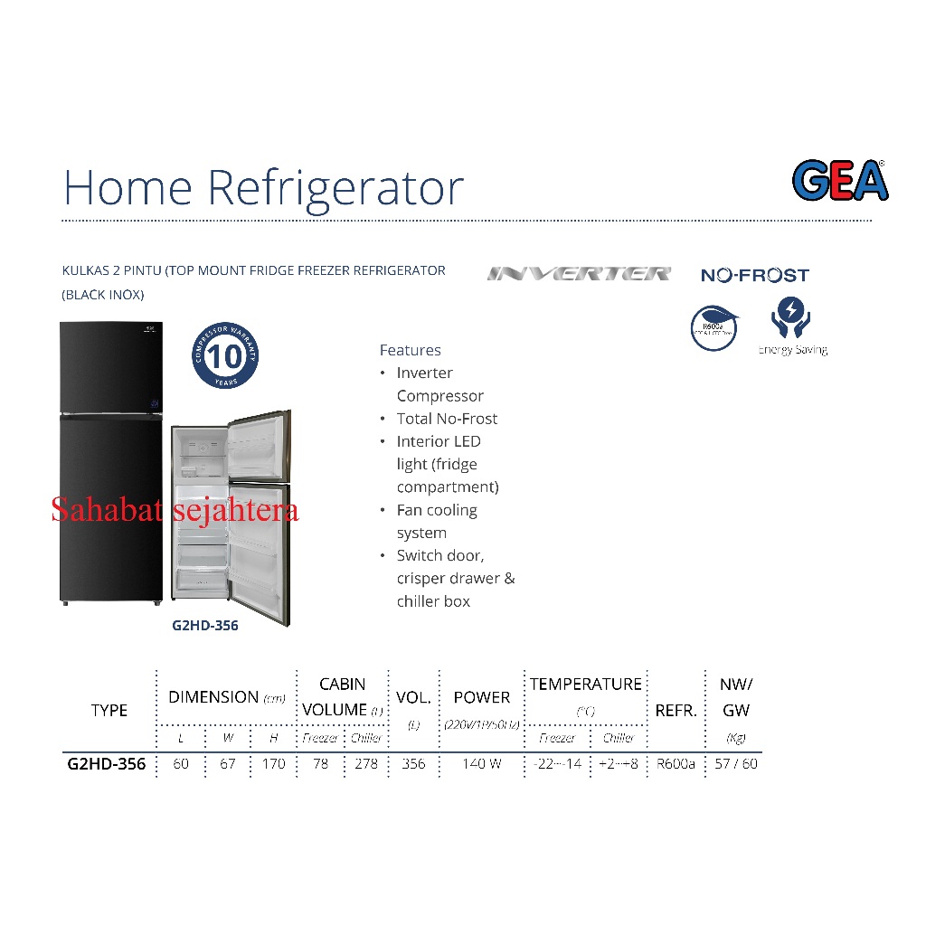 Jual GEA Home Refrigerator G2HD-356 Kulkas 2 Pintu | Shopee Indonesia