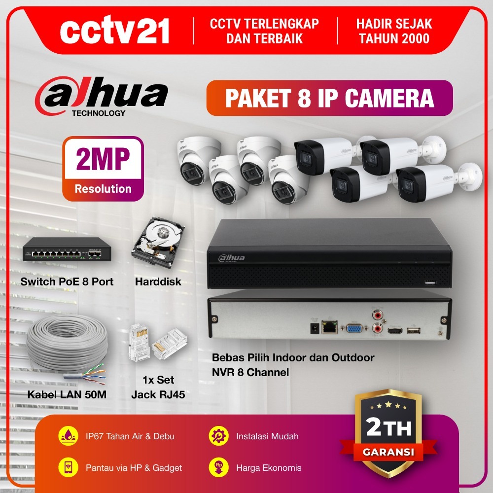Jual Paket IP Camera 8 Channel CCTV DAHUA 2MP 8CH Eco Series PoE ...