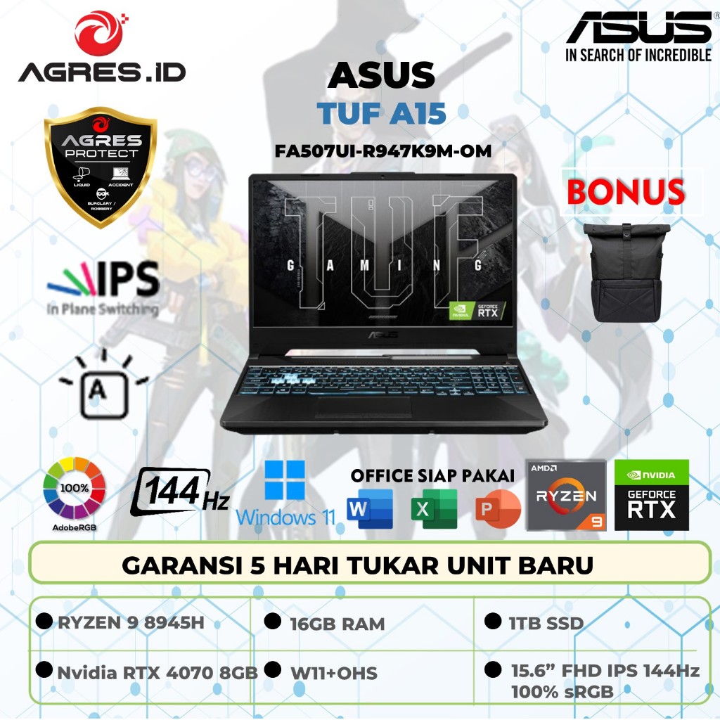Jual ASUS TUF A15 FA507UI RYZEN 9 8945H RTX4070 8GB/ 16GB 1TB W11+OHS ...