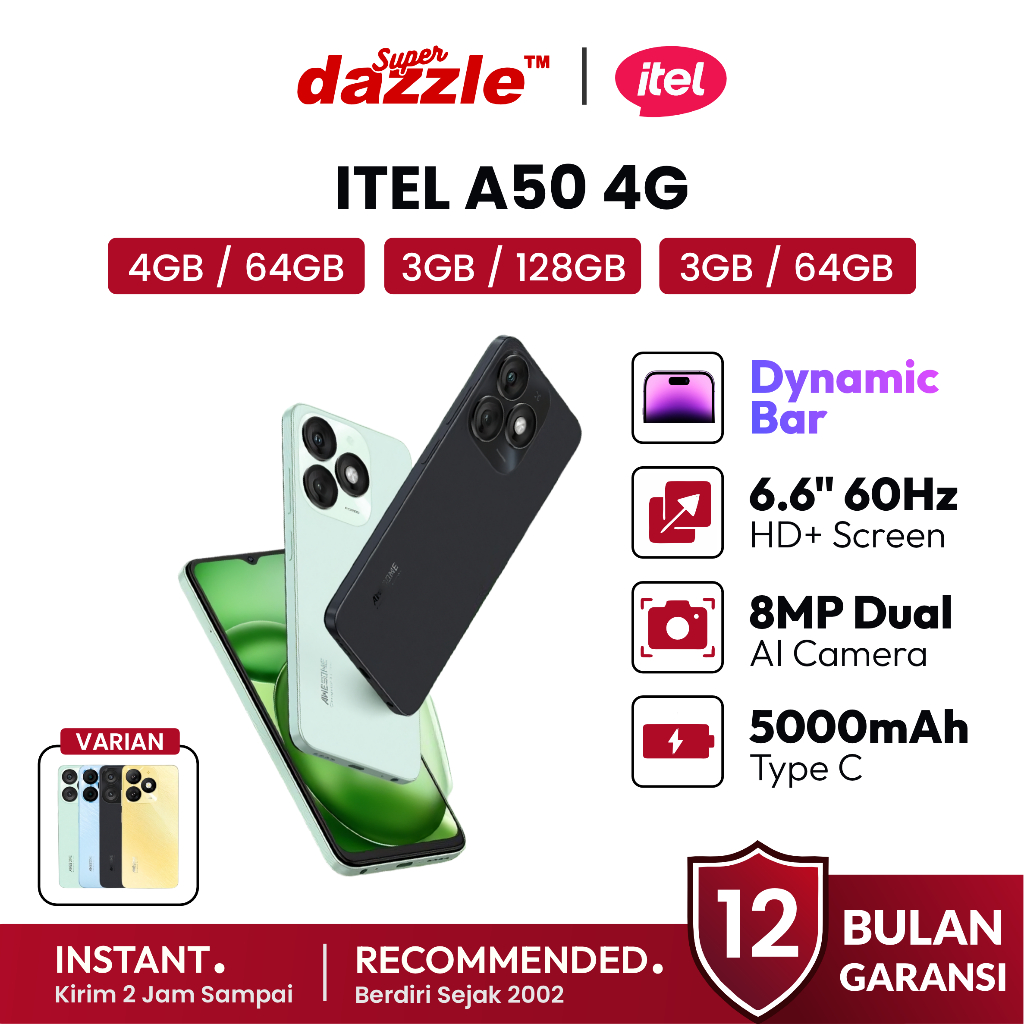 Jual HP itel A50 4G 4/64 3/128 3/64 GB Garansi Resmi 12 Bulan ITEL ...