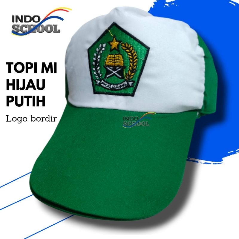 Jual topi mi hijau putih logo bordir terbaik, topi sekolah MI perekat ...